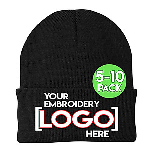 Custom Logo Beanies, 5 or 10 Pack - Add Your Embroidered Design - Personalized Winter Knit Cap Hats for Business Black