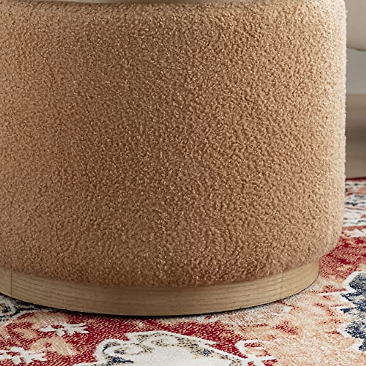 Linon Lexington Tan Sherpa Round Storage Ottoman with Wood Accent