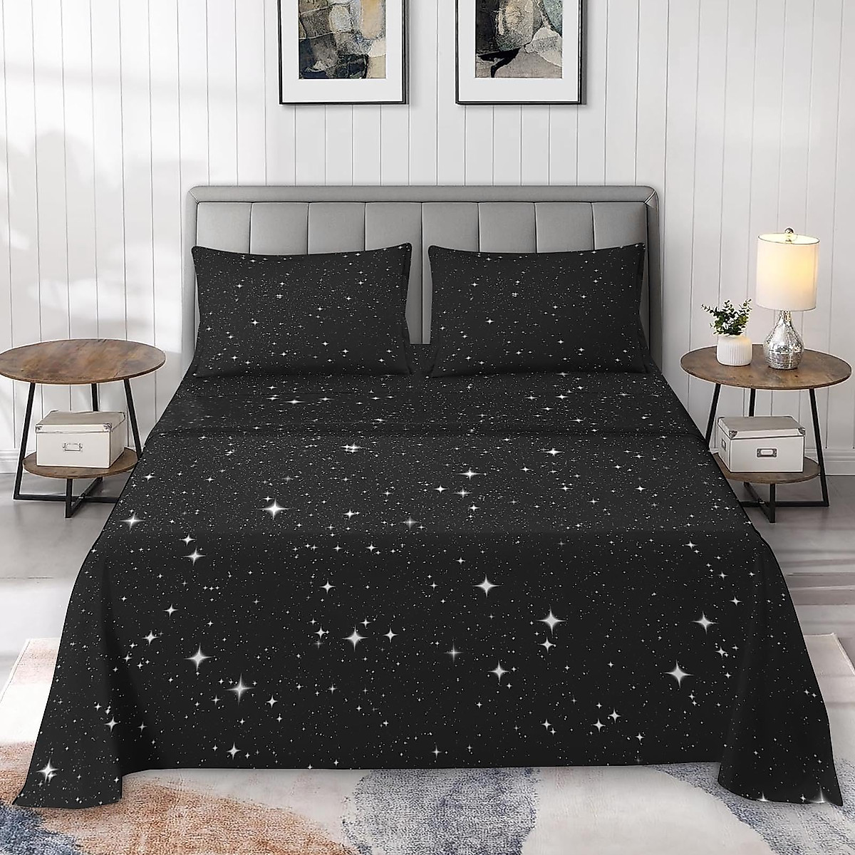 Pamnest 4 Pieces Queen Size Bed Sheet Sets, Space Starry Deep Soft Microfiber Bedding Sets for Kids and Adults Bedroom Bed Decor, Black Star Sky Flat Sheet, Fitted Sheet and 2 Pillowcases