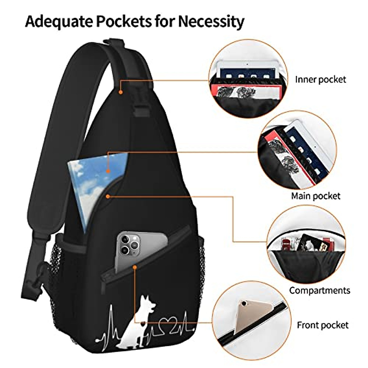 Heartbeat German Shepherd Sling Bag Crossbody Daypack Travel Hiking Mini Fashion Shoulder Backpack for Men Women Kids