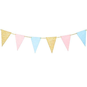 10 Feet Gender Reveal Party Banner Glitter Paper Decoration Anniversary Supplies Garland Pennant Flags for Baby Shower Birthday Party Nursery Graduation Decoration 15pcs (Gold Pink Blue)