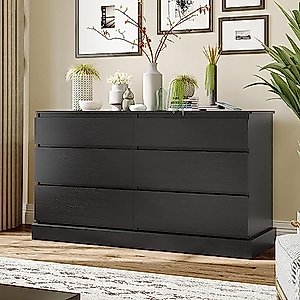 EPHEX 6 Drawer Dresser, Black Chest of Drawers, Storage Tower Clothes Organizer Closet, Double Dresser for Bedroom, Living Room, Entryway, 51.6''L x 15.7''D x 29.3''H