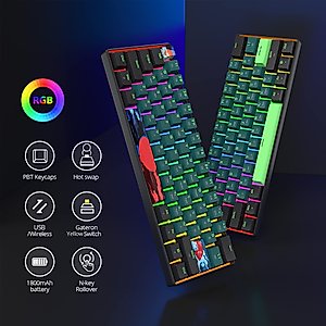 surmen GT61 Wireless 60% Keyboard, Mini RGB Mechanical Gaming Keyboard 60 Percent Hot-Swappable with Linear Gateron Switch Type-C/Bluetooth 5.0 Programmable (Gateron Yellow, Sound Wave 61)