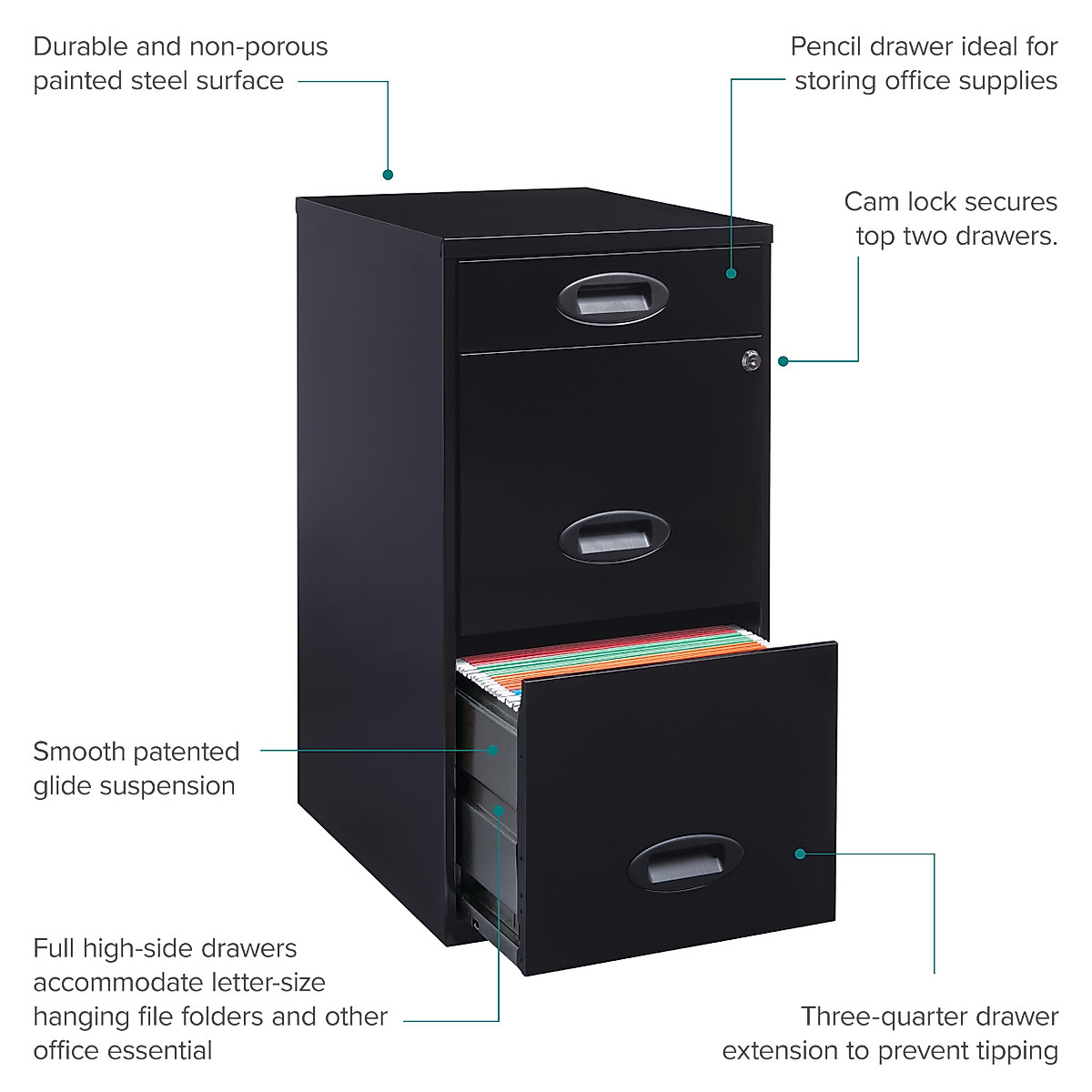 Office Dimensions 18" Deep 3 Drawer Metal Organizer File Cabinet with Oval Handles, Black