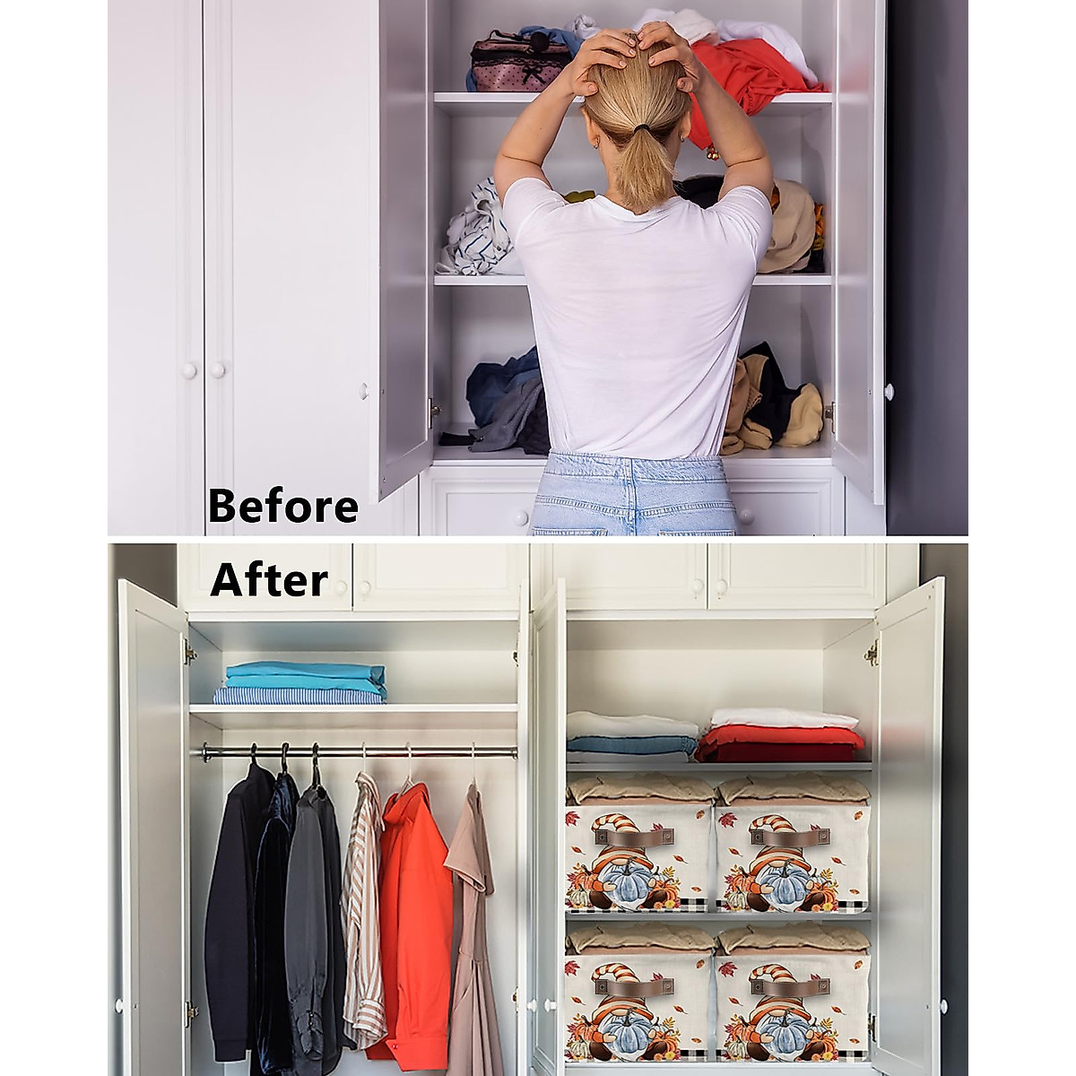 Storage Basket Fall Gnome Fall Bakets Foldable Storage Bins Collapsible with Handles Autumn Pumpkin Black Buffalo Plaid Laundry Baskets for Organizing Shelves Closet Toy Gifts Bedroom Home Decor