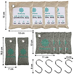 Duboché Bamboo Charcoal Bags for , 8 Pack, Natural Air Purifying Bundle with S Hooks, Moisture Absorbent Odor Eliminator for Gym Bags, Car, Shoes, Bathroom, or Pet Areas