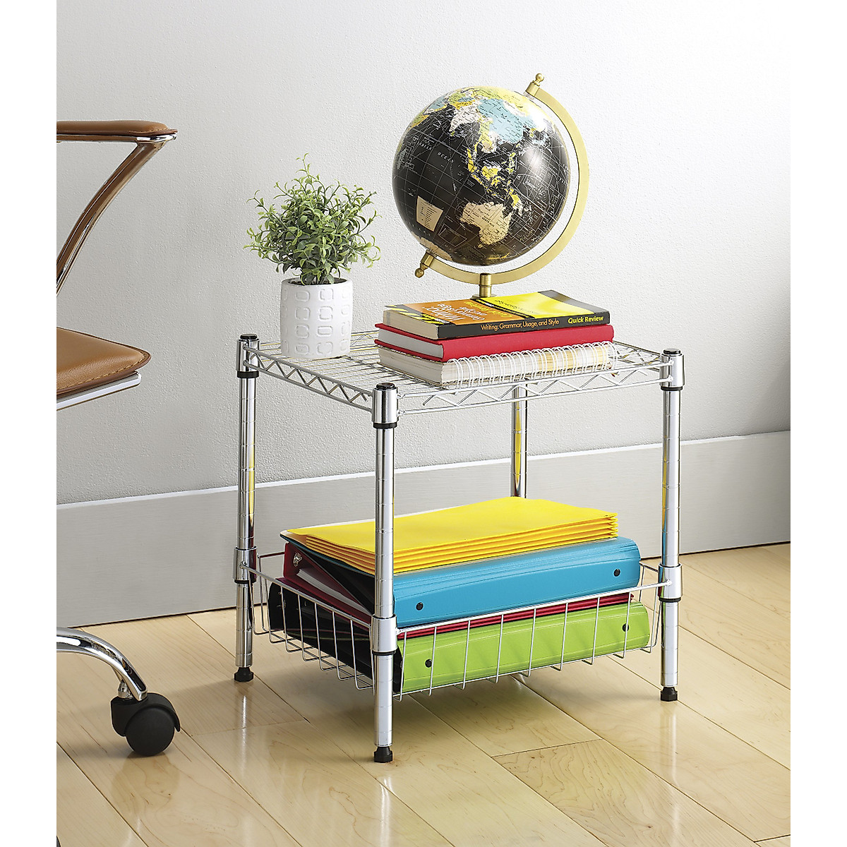 Whitmor Supreme Stacking Shelf with Basket - Adjustable Home Organizer - Chrome