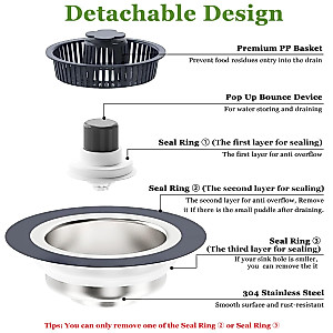 WSYLEN 3 in 1 Kitchen Sink Drain Strainer and Stopper Combo, Stainless Steel Pop Up Kitchen Sink Stopper, Sink Drain Strainer for Standard 3-1/2 Inch Drain