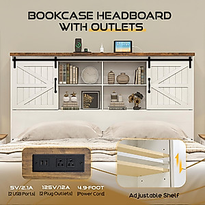HOWE King Size Wood Platform Bed Frame with 51.2" Bookcase Headboard, Storage Bed with Sliding Barn Door Charging Station 2 Drawers, No Box Spring Needed/Farmhouse/White