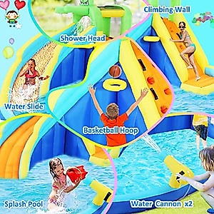 DREAMVAN Inflatable Water Slide Park, Kids Bounce House with Slides, Climbing Wall, Splash Pool, Cannon, Basketball Hoop Jumping Castle w/Air Blower, Hose, Carry Bag, Repairing Kit, Stakes