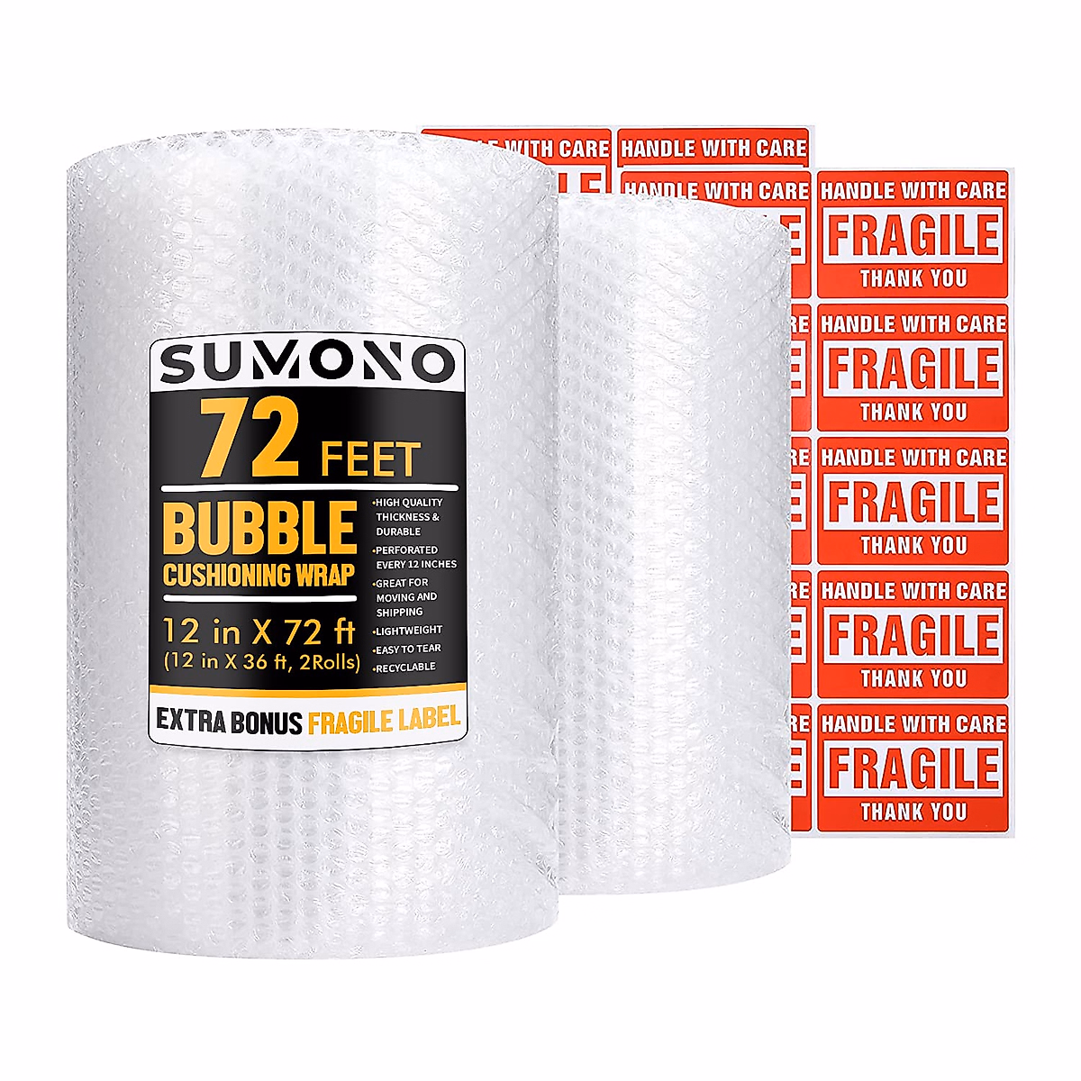 Bubble Cushioning Wrap Roll, Sumono 12 Inch x 72 Feet Total [2 Rolls of 36 Feet] Bubble Roll Perforated 12 Inch Included 20 Fragile Sticker Label
