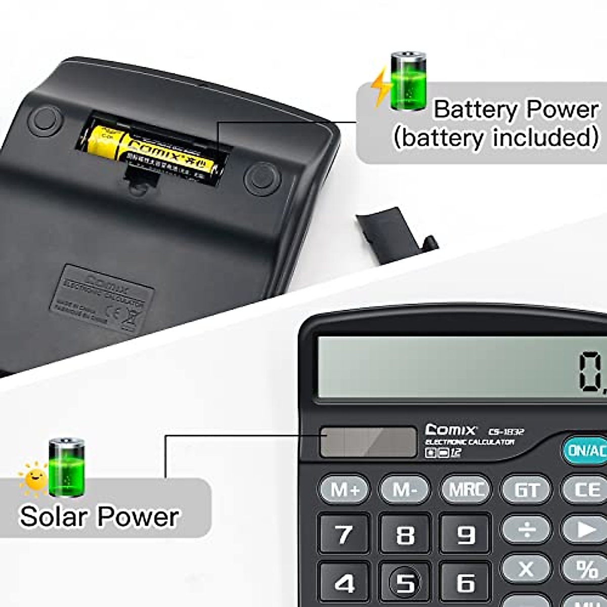 Comix Desktop Calculator 12 Digit with Large LCD Display and Big Button, 12 Digits Baisc Calculator, Solar Battery Dual Powered, for Office Home School C-1832 (Black)