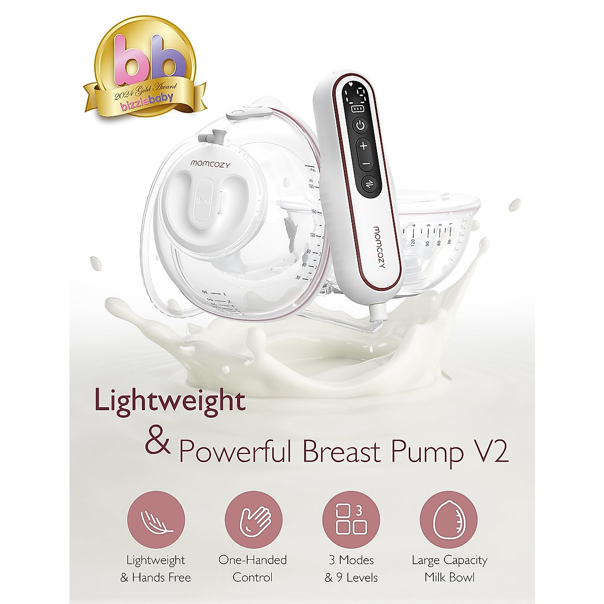 Momcozy Ultra-Light & Hands Free Breast Pump V2, Potent Wearable Pump with 27 Pumping Combinations, Low Noise Painless Portable Double Electric Pump, 17/19/21/24/27mm Flange