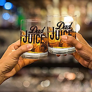 Dad Juice Funny Whiskey Glass Gift for Dad, Unique Gag Birthday, Fathers Day, Christmas, Gifts Idea for Men, New Dad from Son, Daughter, Kids, Wife, Old Fashioned Bourbon Rocks Glass for Dad, 11oz