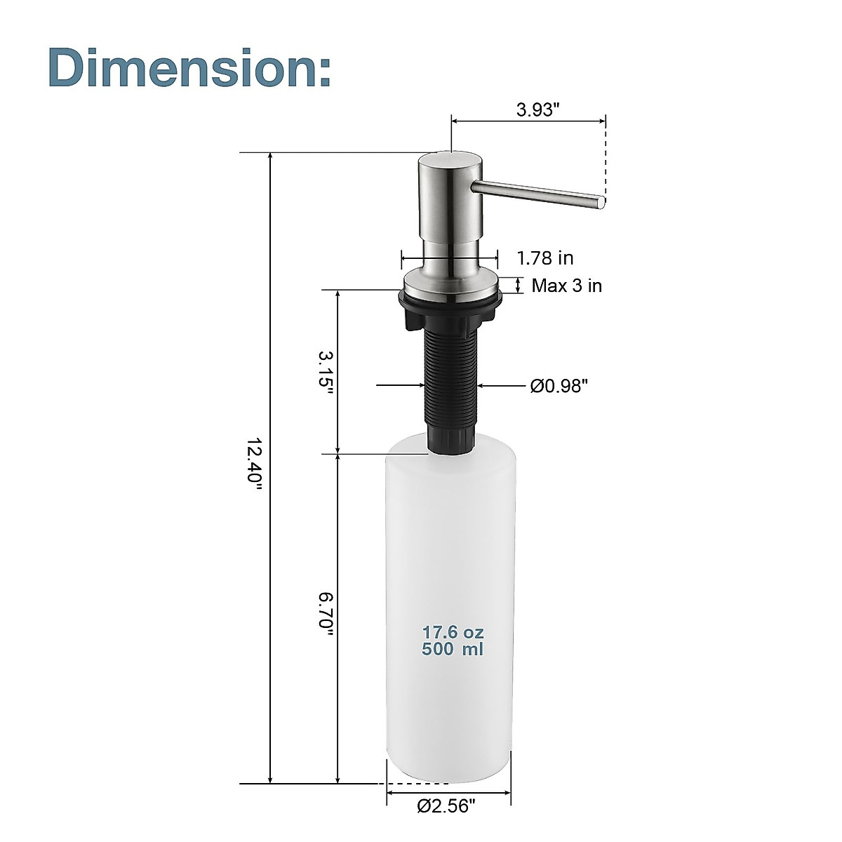 Soap Dispenser for Kitchen Sink, OUEN Brushed Nickel Built in Pump Soap Dispensers, Stainless Steel Sink Soap Dispenser or Lotion Dispenser Pump with Above the Sink Refillable 17OZ Large Liquid Bottle