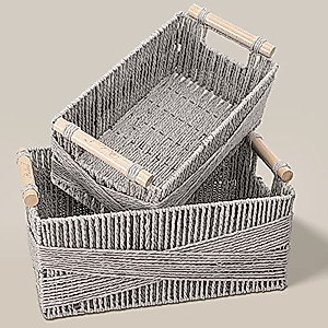 Storage Basket with Handle, Large Rectangular Wicker Basket for Organizing, Decorative Wicker Storage Basket Woven Basket Organizers for Living Room, Set of 2…