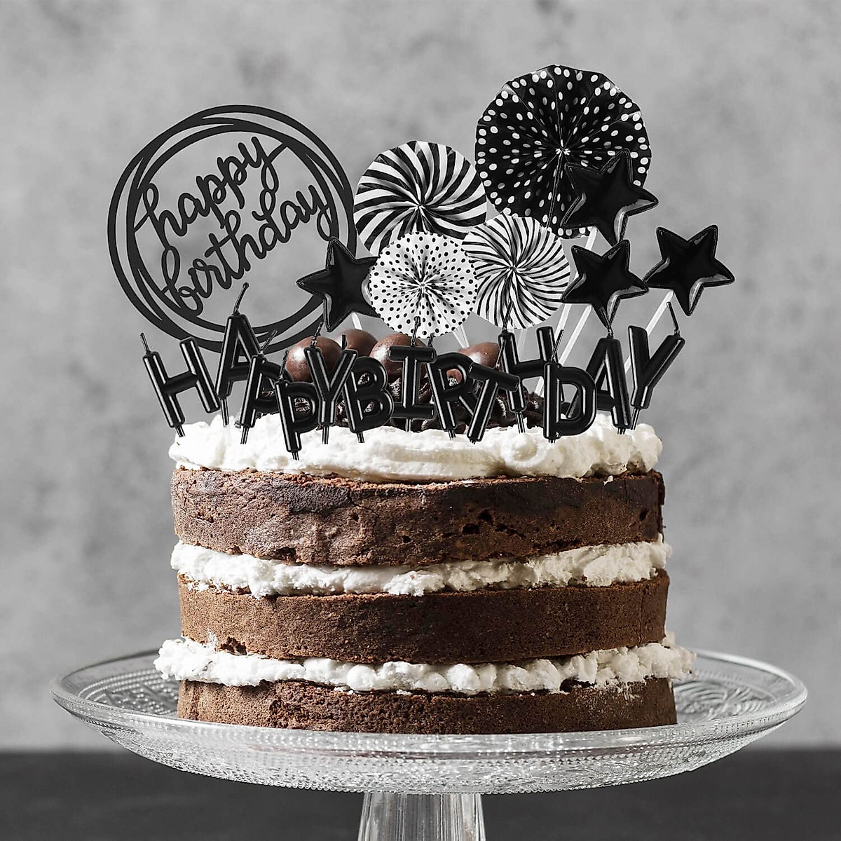 BEAN LIEVE Birthday Candles Set - Cake Topper Decoration with Cake Candles Confetti Balloon Stars and Fan Cupcake Toppers 12 Pieces Birthday Cake Decor for Birthday Party Celebration (Black)