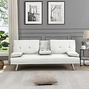 anwickjeff Convertible Folding Futon Sofa Bed with Metal Legs & 2 Cupholders, Modern Faux Leather Upholstered Couch Loveseat Sleeper, Folding Couches Bed, Removable Armrests for Small Spaces (White)
