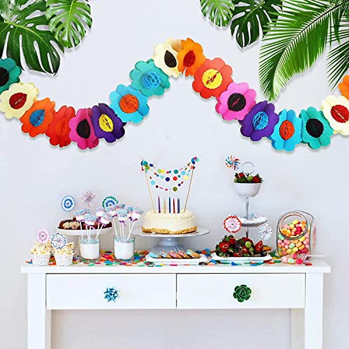 2pcs 9 Feet Rainbow Honeycomb Paper Garland Flower Banner,Mexican Paper Garland Hibiscus Garland,Large Tropical Tissue Paper Flowers for Luau Party Hawaiian Fiesta Handcrafted Hanging Decorations