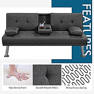 Yaheetech Linen Fabric Modern Sofa Bed Sectional Couch Bed Folding Recliner Sleeper Reversible Loveseat Convertible Daybed, 2 Cup Holders, 3 Angles, 772lb Capacity, Removable Armrests, Dark Gray