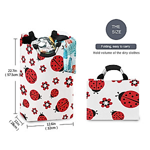 Ladybugs Laundry Hamper, Flower Floral Foldable Laundry Basket with Handles Collapsible Hamper Dirty Clothes Toys Organizer Bag for Laundry Room, Bathroom, Bedroom, College Dorm, Girl Boy Room