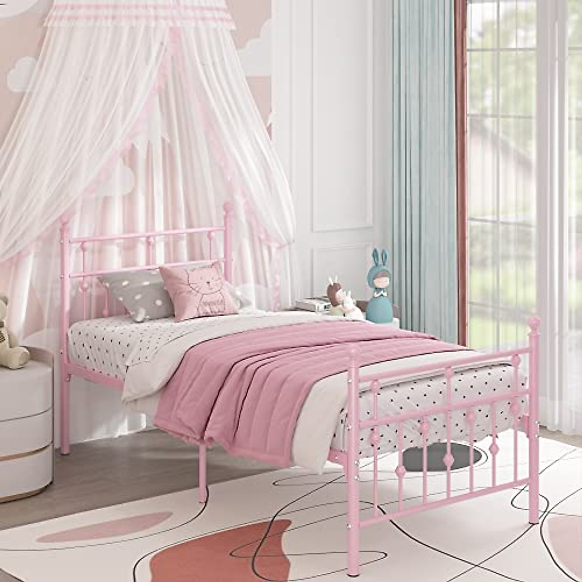 Weehom Pink Metal Bed Frame Twin Size with Headboard Mattress Foundation Support Heavy Duty Steel Slat No Box Spring Need for Girls