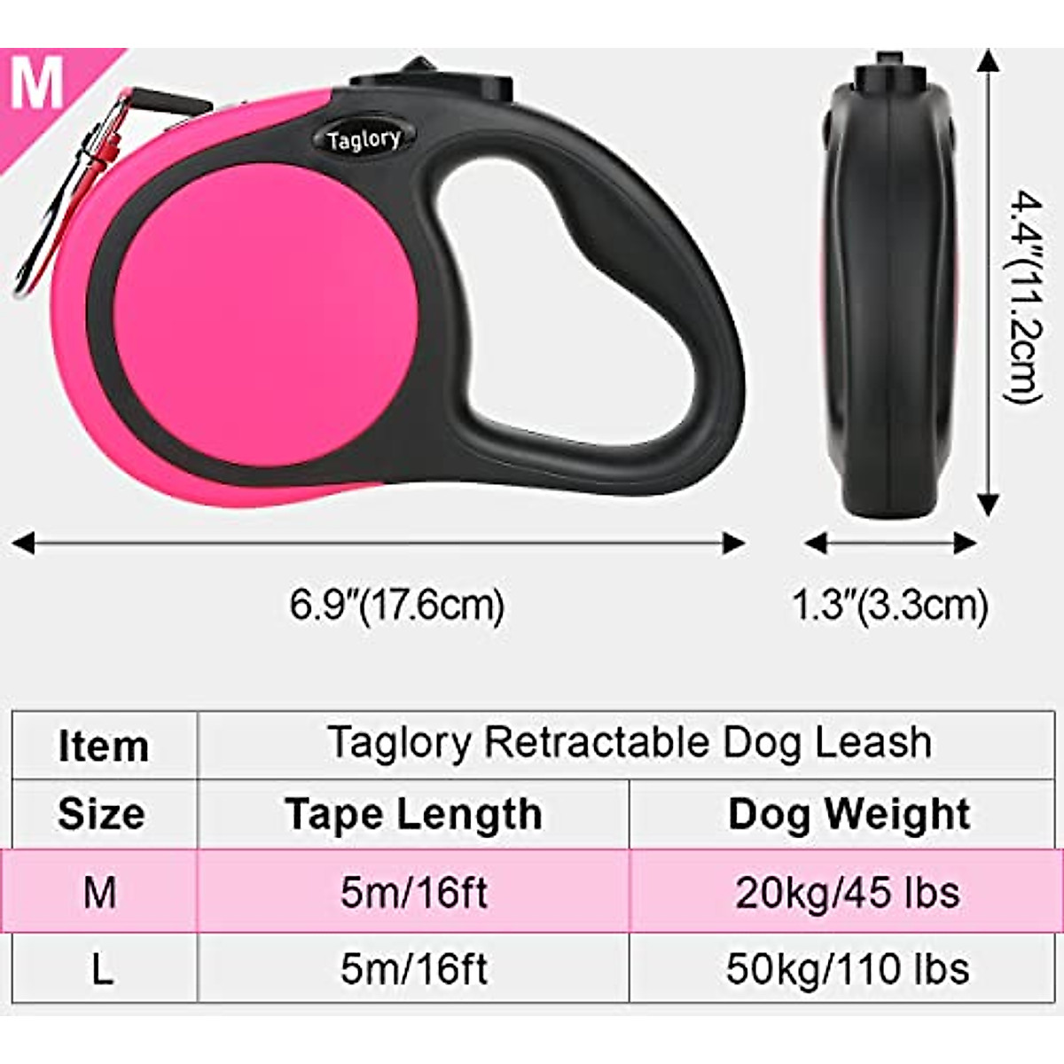 Taglory Retractable Dog Leash, 16ft No Tangle Dog Leash Retractable for Puppy Small Medium Dogs Up to 45 lbs, One-Handed Brake, Pause, Lock, Pink