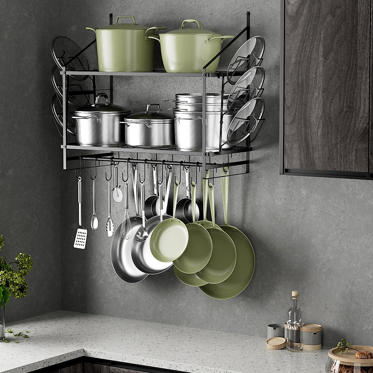 HOYRR Hanging Pot Rack Wall Mounted,30 Inch Wall Hanging Pot Rack,Pot Hangers for Kitchen Wall Mount,Pot And Pan Hanger Side Piece with 2 Pieces Pans Lids Organizer,Wall Pot Rack Hanging Rod+16 Hooks