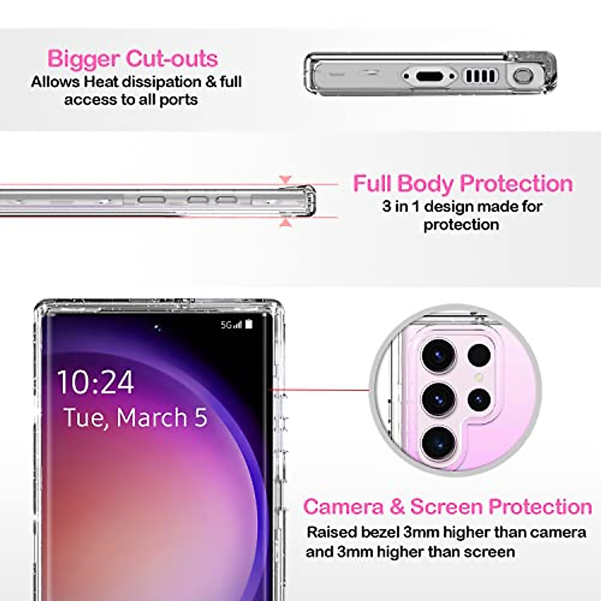 Coolwee Crystal Clear Full Protective Case for Galaxy S23 Ultra - 6.8" Heavy Duty Hybrid 3 in 1 Rugged Shockproof Women Girls for Samsung Galaxy S23 Ultra 6.8 inch Transparent