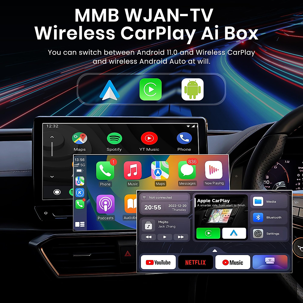 MMB Wireless CarPlay Adapter & Android Auto Wireless, Magic Box, Black, WiFi, HDMI, USB, Voice Control, YouTube, Netflix, World TV, Mirroring, 1080p, Apple, Google, Television, Smartphone