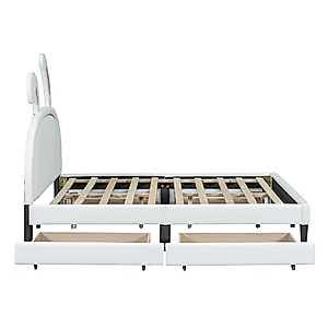HBRR Wooden Bed Frame Full Size with 4 Storage Drawers and Bunny Ears Headboard, Upholstered Platform Bed with Storage for Kids Teens Boys & Girls, No Box Spring Needed, White