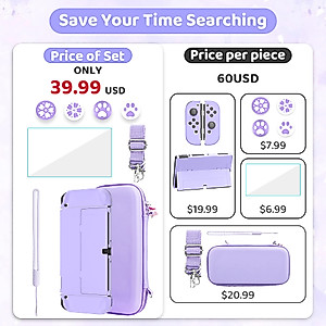 FUNDIARY Carrying Case for Nintendo Switch OLED, Cute Storage Carry Case for Switch OLED Accessories with Flip Case, Screen Protector, Adjustable Shoulder Strap, Wrist Band and 4 Thumb Caps (Purple)
