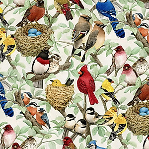 Elizabeth's Studio Beautiful Birds Tree Branches Cream Premium Quality 100% Cotton Fabric by 1/2 of a Yard.