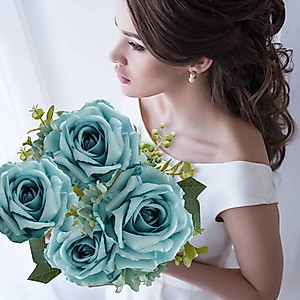 Artificial Flowers Set and vase, Combination Arrangements for Home Garden Party Wedding ，Fake Rose Flowers Bedroom Living Room Kitchen Office Decoration （ Blue Flowers White vase