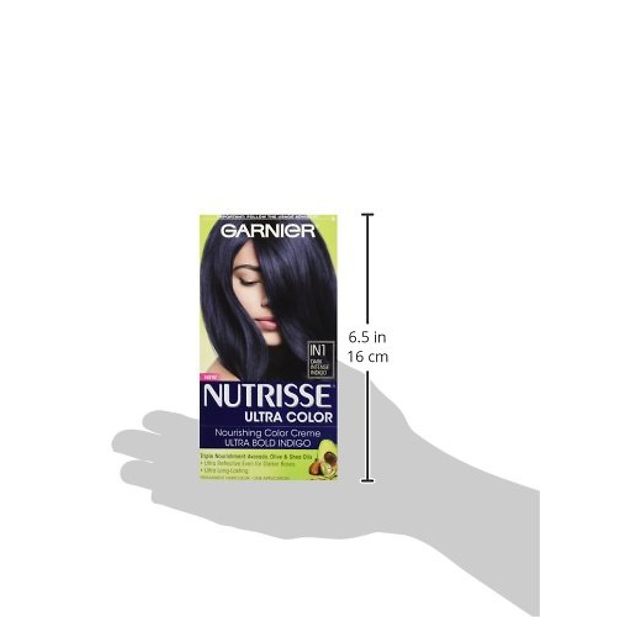 Garnier Hair Color Nutrisse Ultra Color Nourishing Creme, IN1 Dark Intense Indigo (Midnight Iris) Blue Permanent Hair Dye, 1 Count (Packaging May Vary)