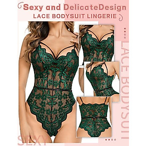 Avidlove Teddy Lingerie for Women Deep V One Piece Lingerie Sexy Lace Bodysuit (Black and Green,Medium)