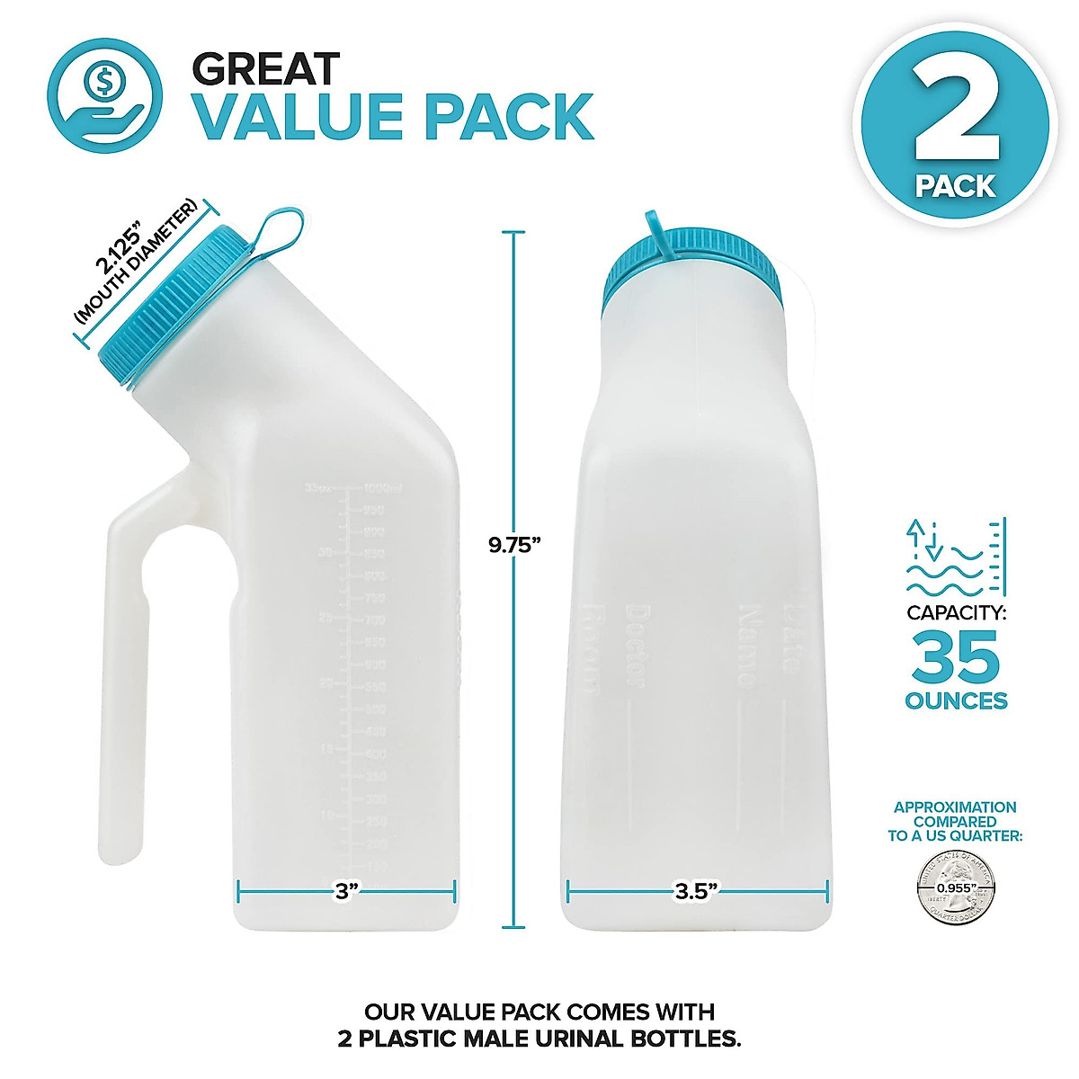 Male Urine Bottles 2 Pack (35 oz), Portable Urinals for Men Spill Proof Nighttime, Pee Bottles for Men with Screw-On Lid, Travel Urinals for Seniors with Easy-to-Read Measurement Lines