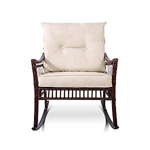 CIRMUBUY 3 Pieces Patio Furniture Set, Outdoor Rocking Chairs Set of 2, Wicker Cushioned Patio Rocker with Side Table for Porch, Garden, Poolside & Deck, Beige