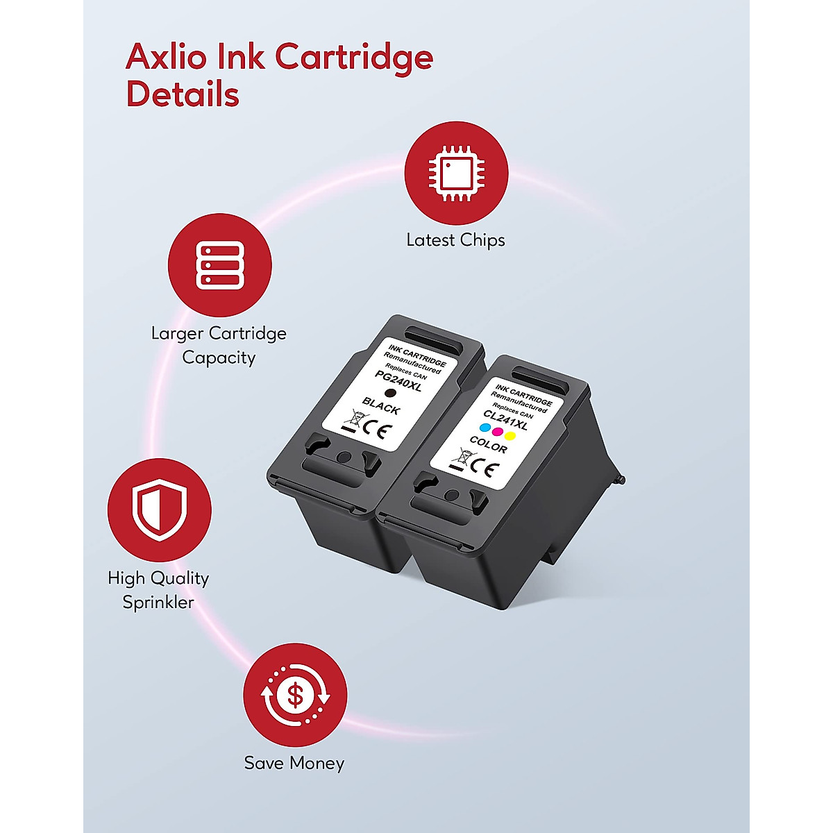 PG-240XL/CL-241XL Axlio Compatible Ink Cartridges Replacement for Canon 240 241, Remanufactured 240XL 241XL Combo Pack Use to Canon PIXMA MG3620 TS5120 MG3520 MG2120 MX452 MX512 MX532 Printer (2 Pack)