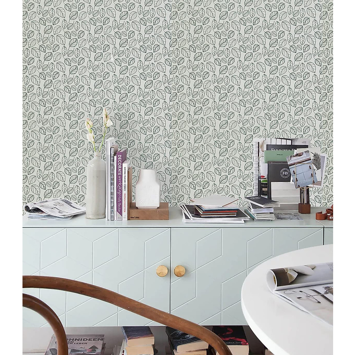 Green leaf wallpaper Green peel and paste wallpaper Self-adhesive wallpaper Green wallpaper Modern natural leaf wallpaper Waterproof removable leaf wallpaper Home decoration wallpaper 17.7”×197”