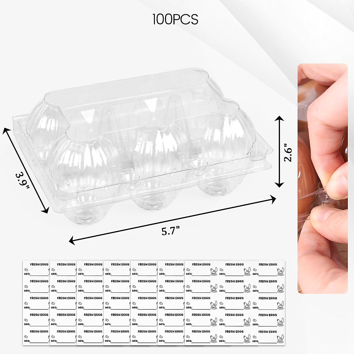 HAKSEN 100PCS Plastic Egg Cartons, Clear Egg Holders with Labels Egg Cartons Cheap Bulk for Home Ranch Chicken Farm Market Display, 6-cavity