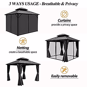 GARTOO 10'x10' Outdoor Double Roof Galvanized Hardtop Gazebo - Heavy-Duty Aluminum Frame Iron Top Gazebo with Breathable Netting & Curtains for Patio, Garden, Lawn, Deck, Backyard
