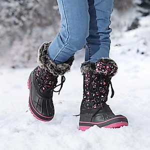 DREAM PAIRS Boys Girls Snow Boots Water-Resistant Outdoor Warm Cozy Anti-Slip Mid Calf Faux Fur Lining Insulated Winter Shoes for Little/Big Kids,Size 2 Little Kid,Black/Pink,KRIVER-1