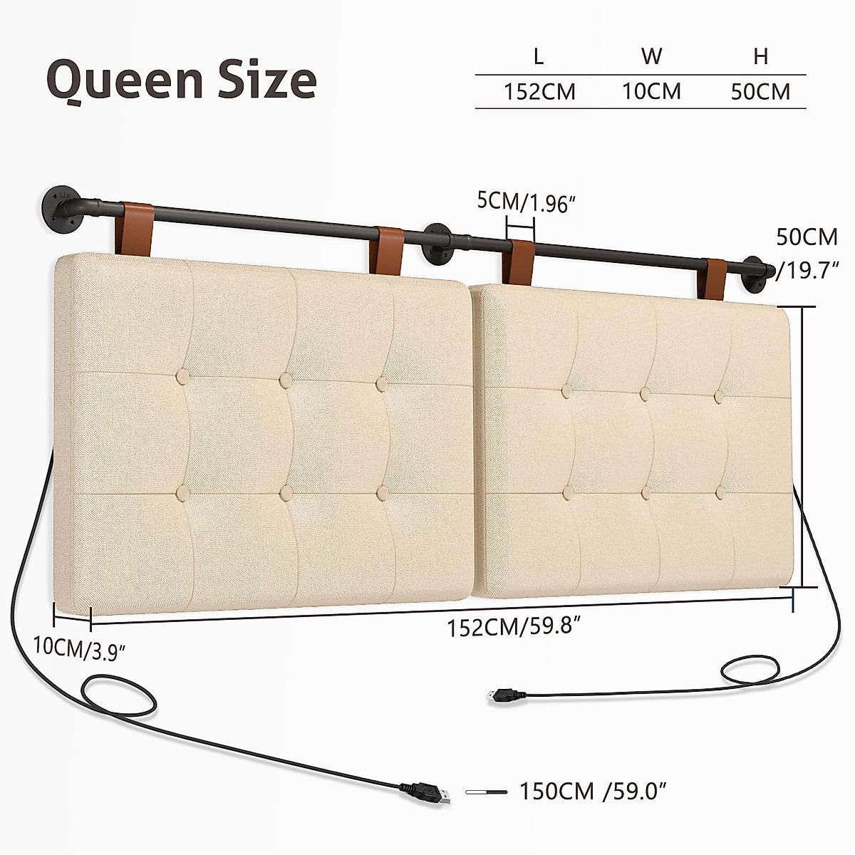 Joyoolife Queen Headboard,Wall Mounted Headboard Queen for Bed with Linen Upholstery and Button Tufted/upholstered headboard, USB Charging Port, Adjustable Height, Hanging Headboard for Bedroom-Khaki