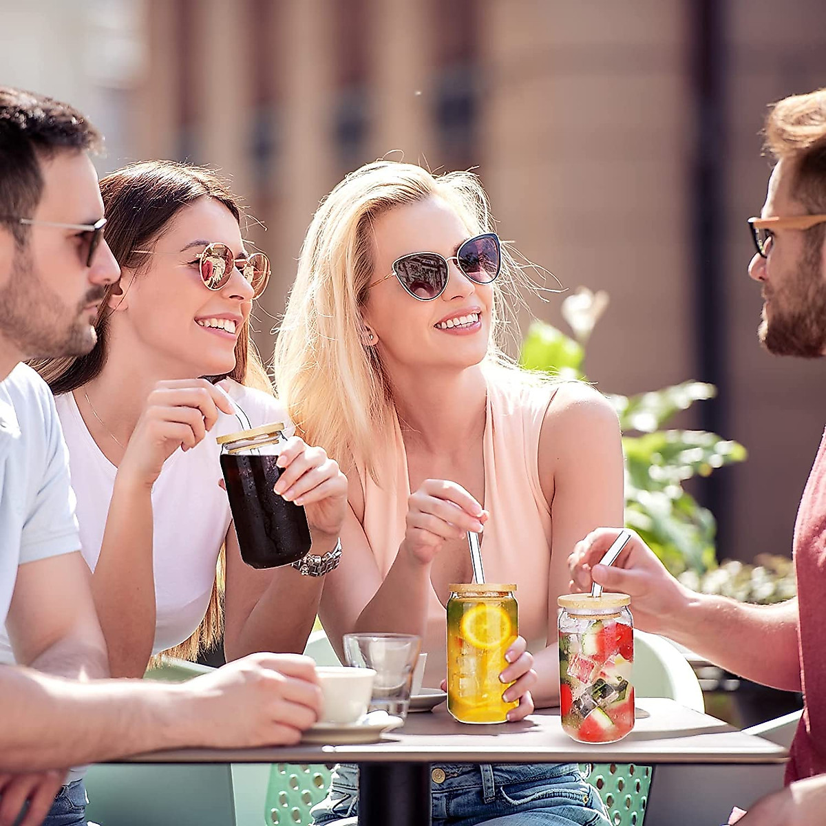 Haundry 10 pack Beer Glass Cups with Bamboo Lids and Straws, 16oz Can Glasses Drinking Glasses Set of 10, Glass Tumbler Cups for Iced Coffee, Beer, Soda, Tea, Smoothies