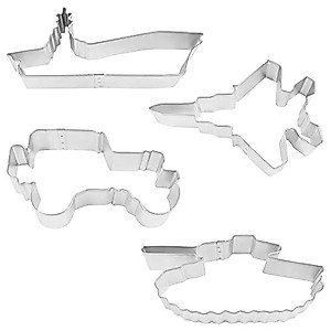 R&M International Military Vehicle Cookie Cutters, Truck, Jet, Tank, Aircraft Carrier, 4-Piece Set
