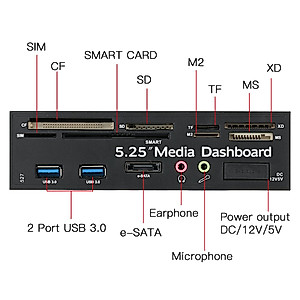 ERYUE Multi-Function USB 3.0 Hub eSATA Port Internal Card Reader PC Dashboard Media Front Panel Audio for SD MS CF TF M2 MMC Memory Cards Fits 5.25" Bay