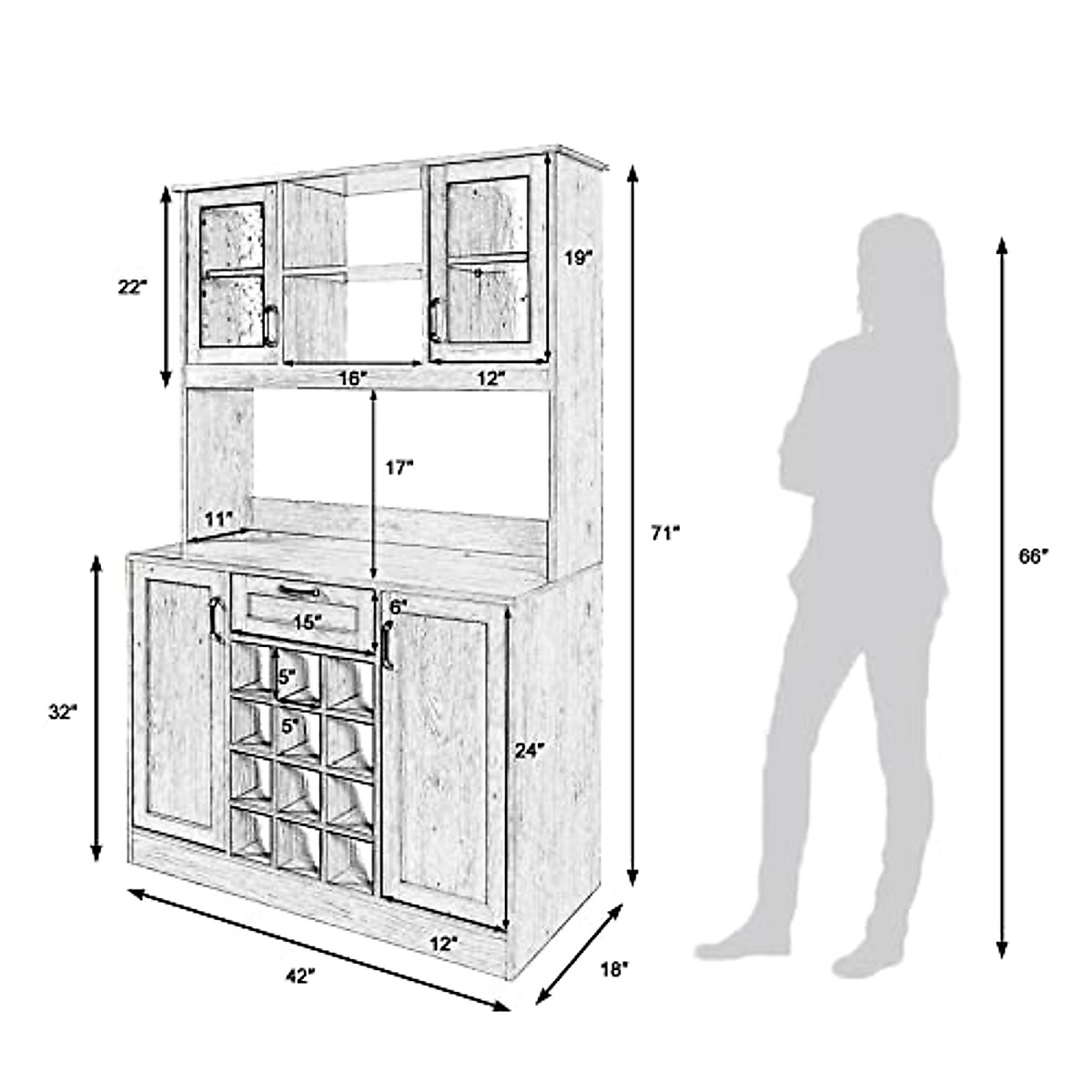 OKL Kitchen Pantry Storage Cabinet, 71" Traditional Freestanding Kitchen Buffet with Hutch with Microwave Countertop & Shelves, Kitchen Cupboard with Glass Doors for Living Room, Dining Room, Brown