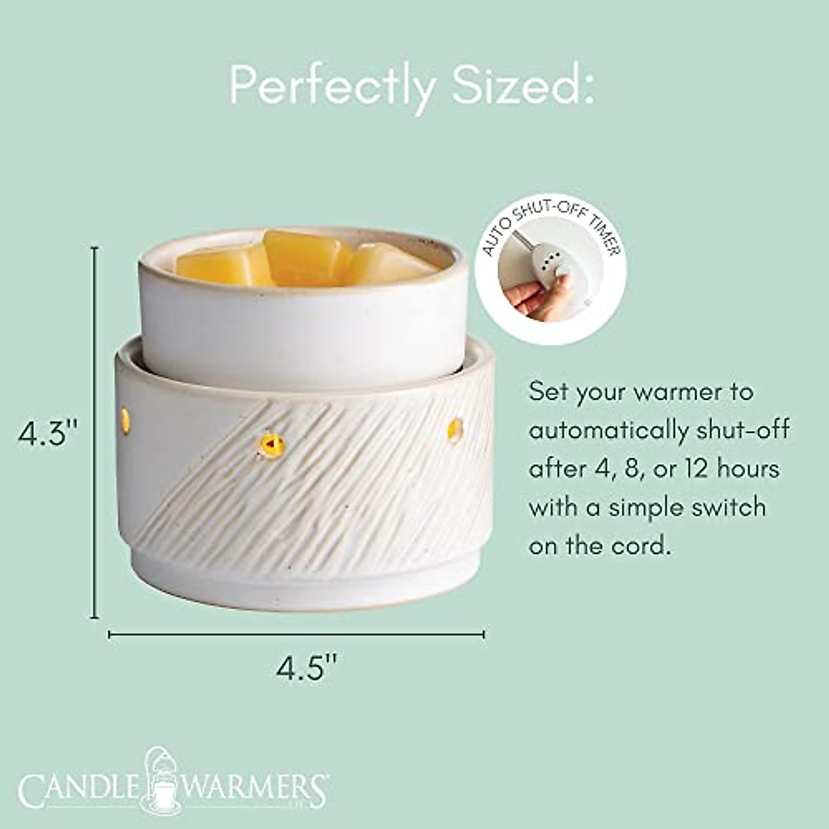CANDLE WARMERS ETC 2-in-1 Deluxe Candle and Wax Fragrance Warmer with LED Light and Auto Shut Off for Timed Candle Warming, White Aspen