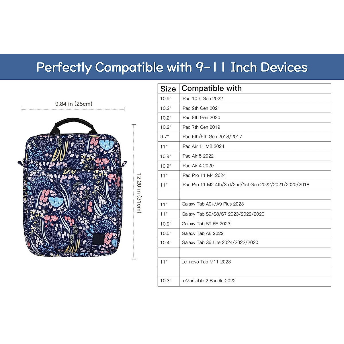 Dadanism 9-11 Inch Tablet Sleeve Bag Carrying Case with Shoulder Strap for iPad 10th Gen 10.9", iPad 9/8/7th 10.2", iPad Air 11", iPad Pro 11", iPad Air 5/4, Galaxy Tab A9+ Plus 11", Night Blue